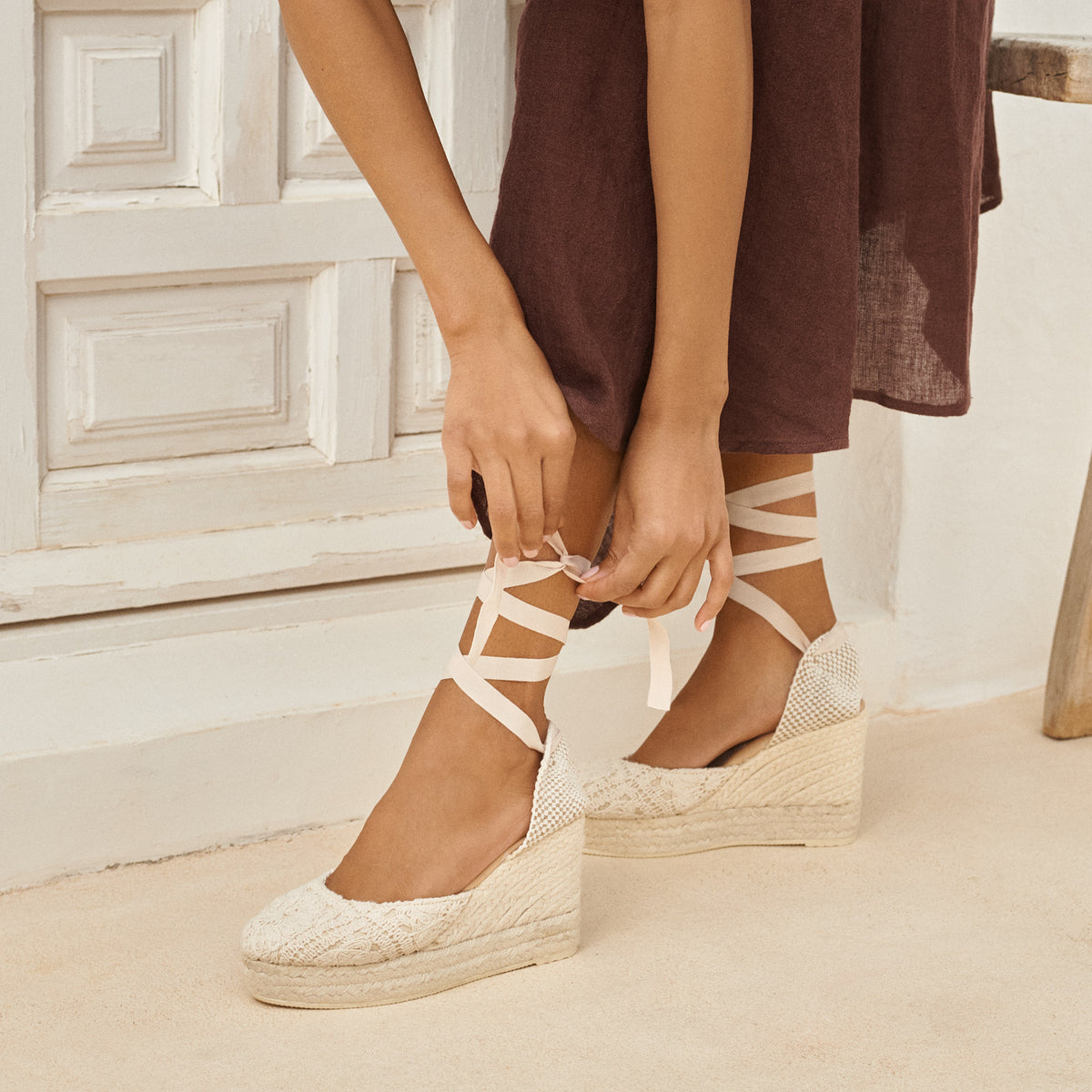 Manebí | Cotton Crochet Wedge Espadrilles-Natural